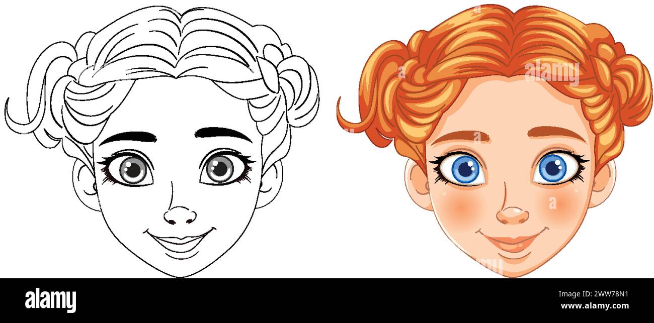 Vector illustration of a girl's face, before and after coloring Stock ...
