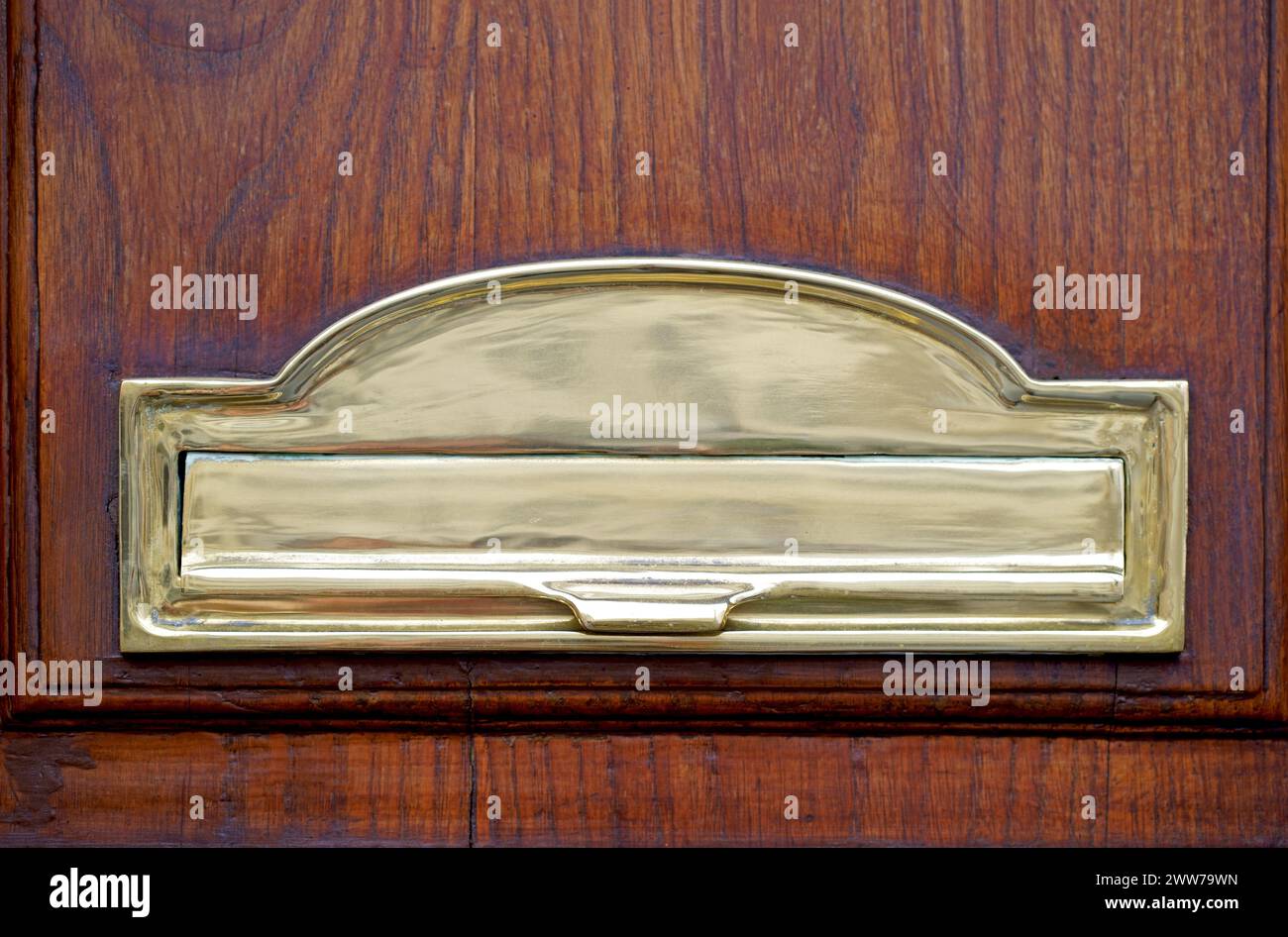 mailbox on the door. Wooden vintage door with golden postbox, letters ...