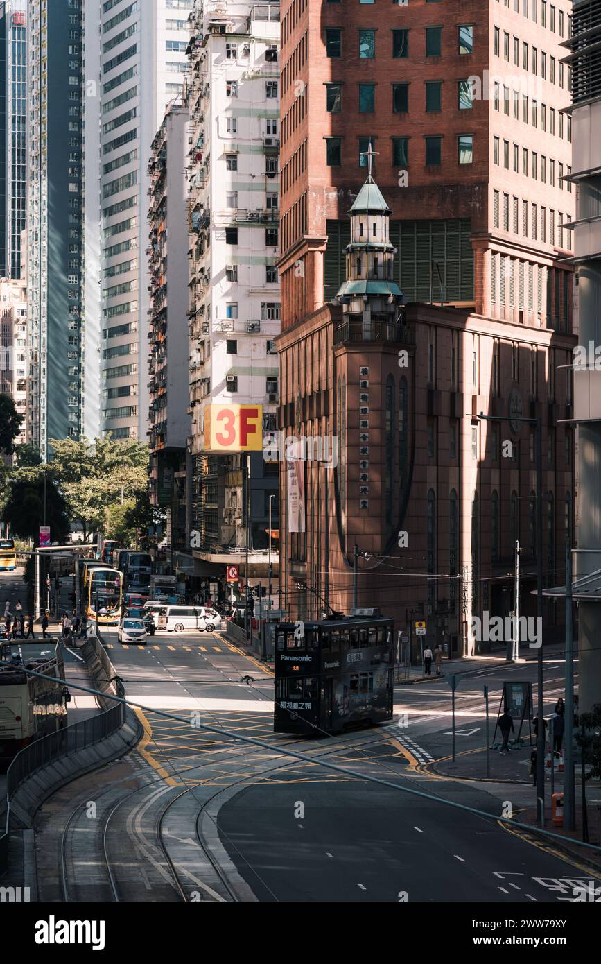 Hong Kong city street view with skyscraper in Central District, Hong ...