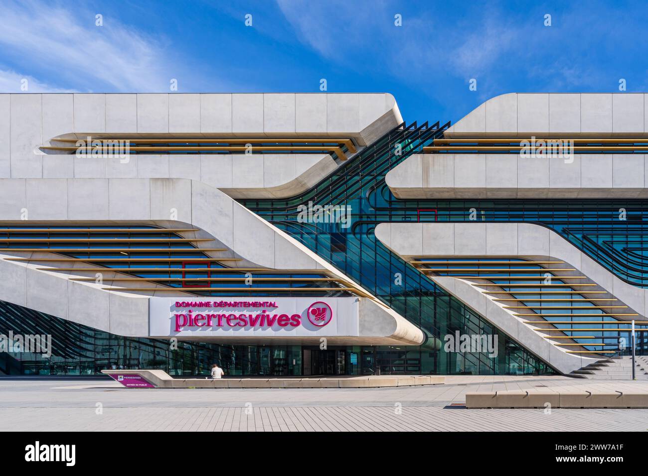 Landscape view of facade and entrance to Pierresvives media library and ...