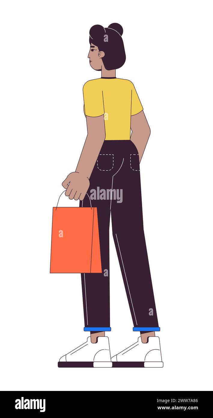 African american woman with shopping bag 2D linear cartoon character ...