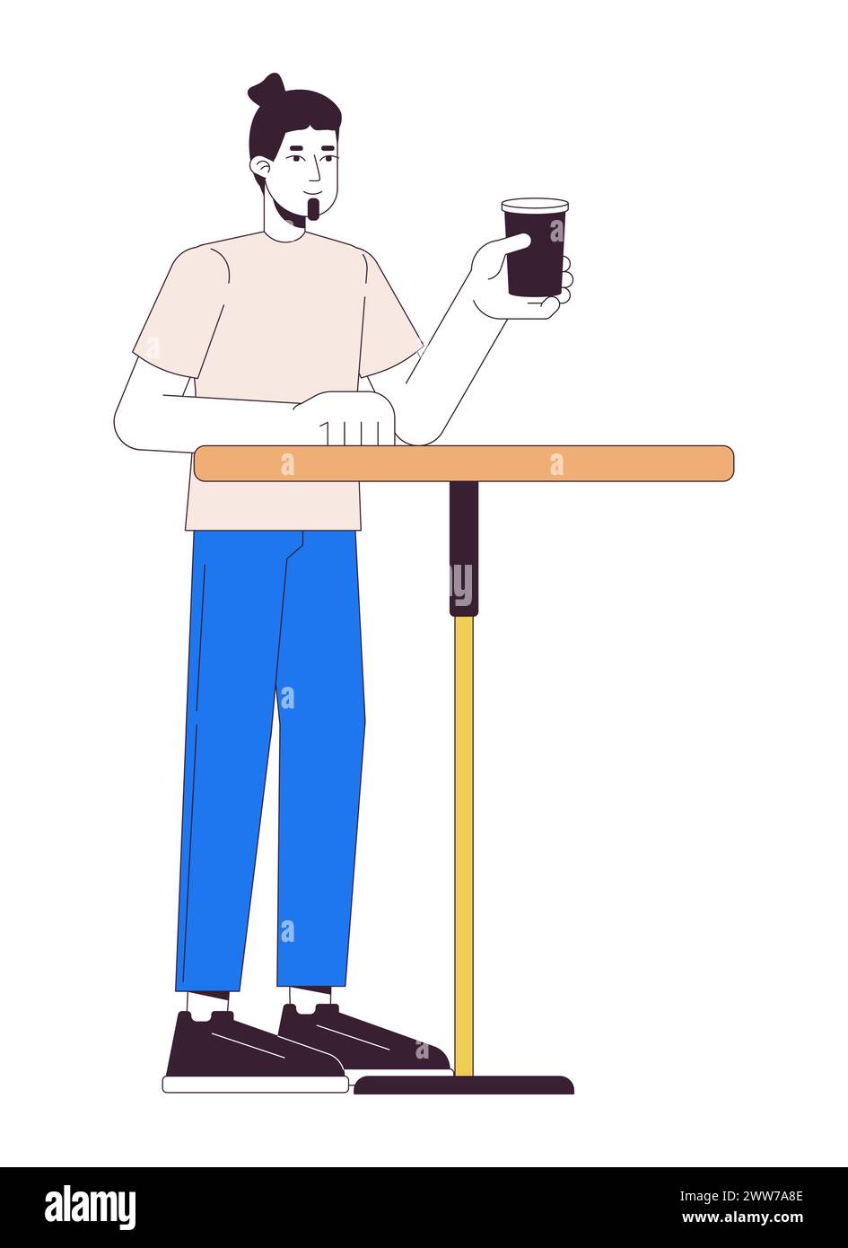 Guest male drinking coffee at table 2D linear cartoon character Stock ...