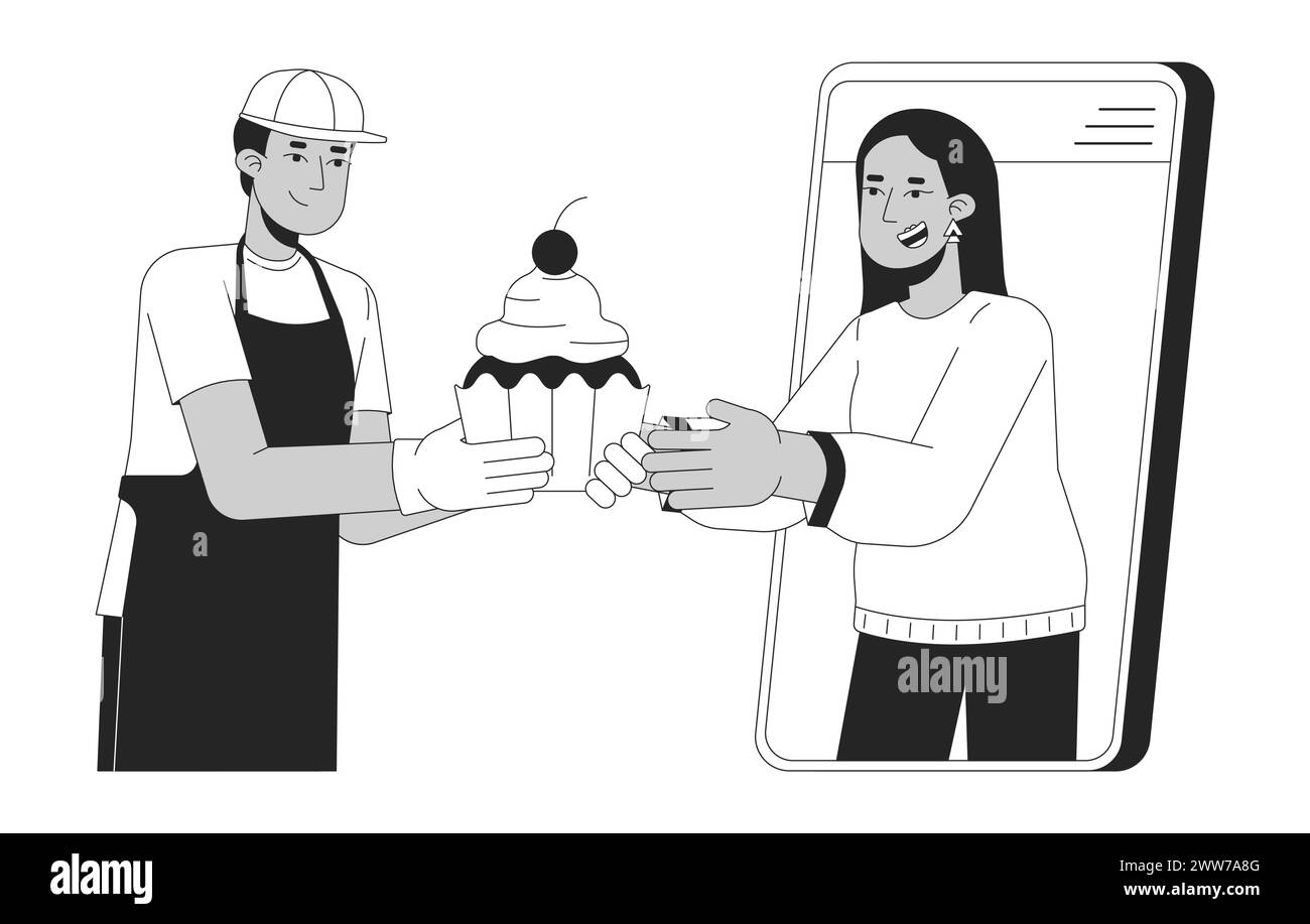 Woman ordering cakes online from baker black and white 2D line cartoon ...
