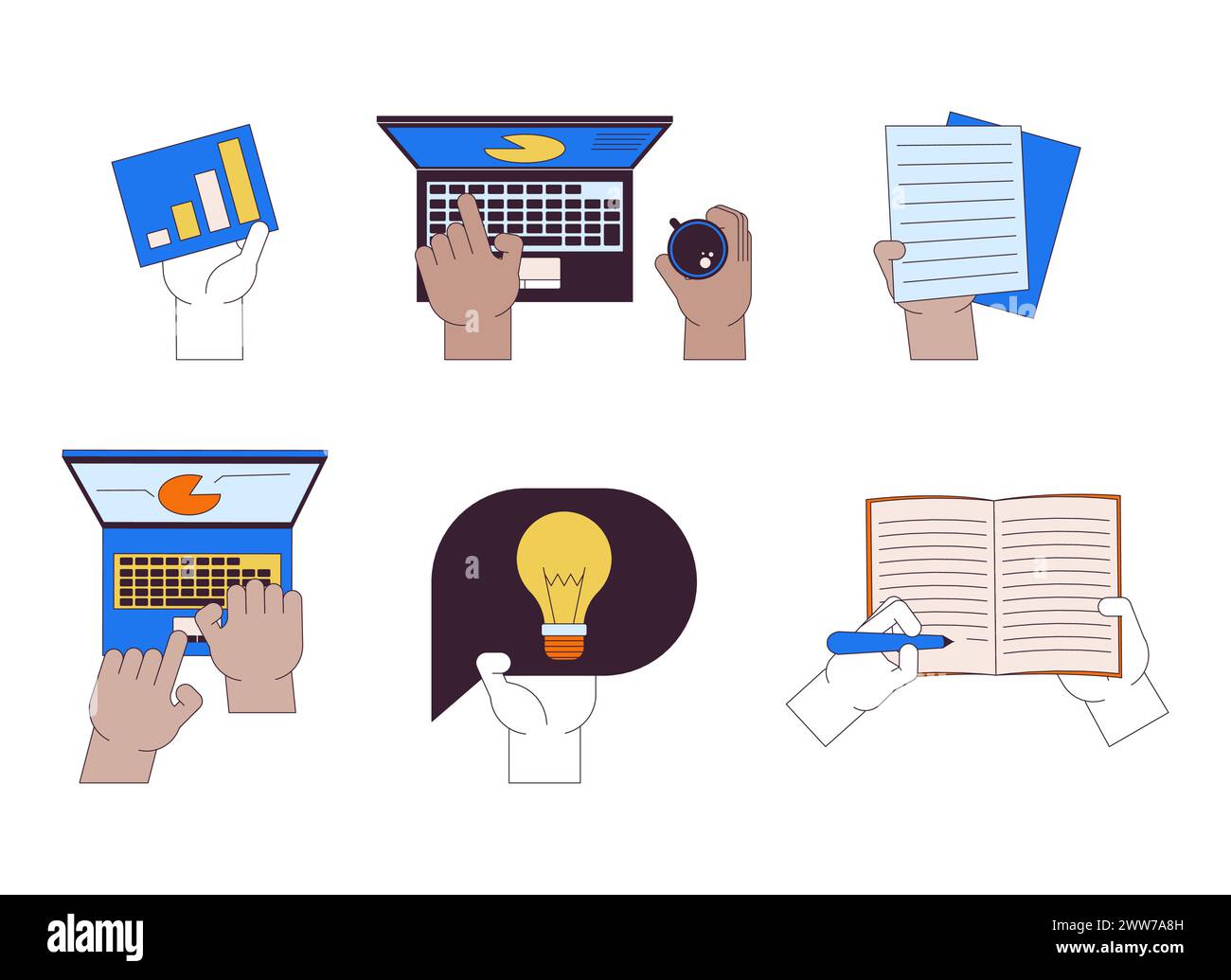 Small business activities linear cartoon character hands illustration ...
