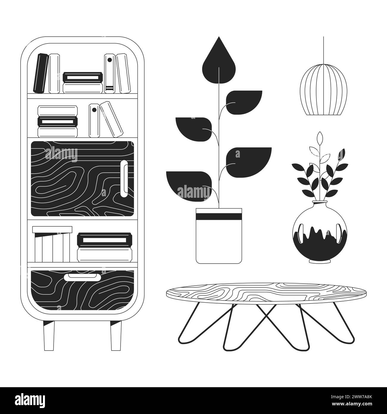 Home design and furniture black and white 2D line cartoon objects set ...