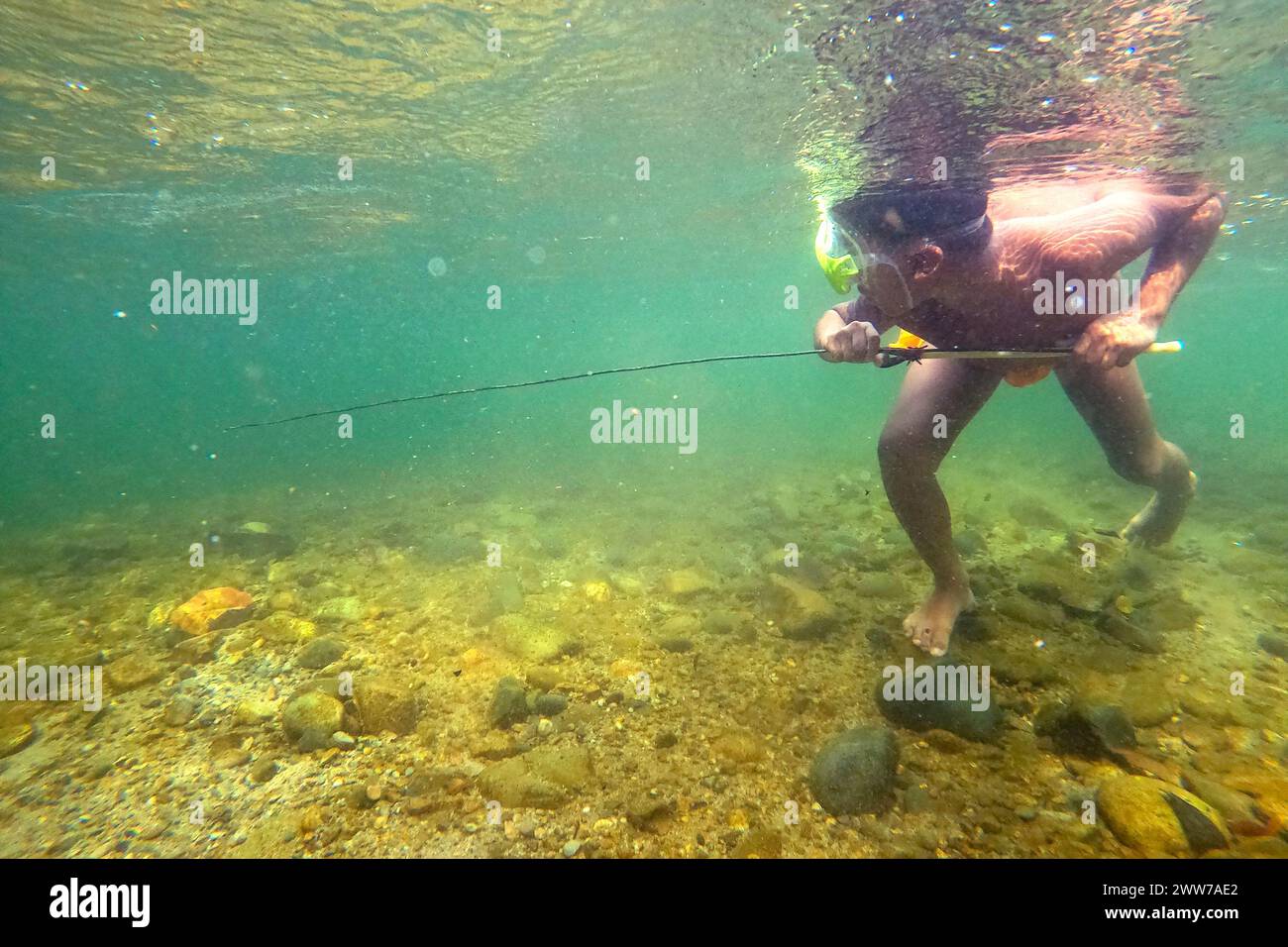 Underwater image of a Boy from embera tribe spearfishing with home made ...