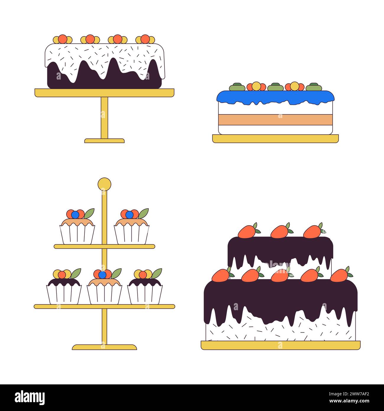 Decorated cakes on stands 2D linear cartoon objects set Stock Vector ...
