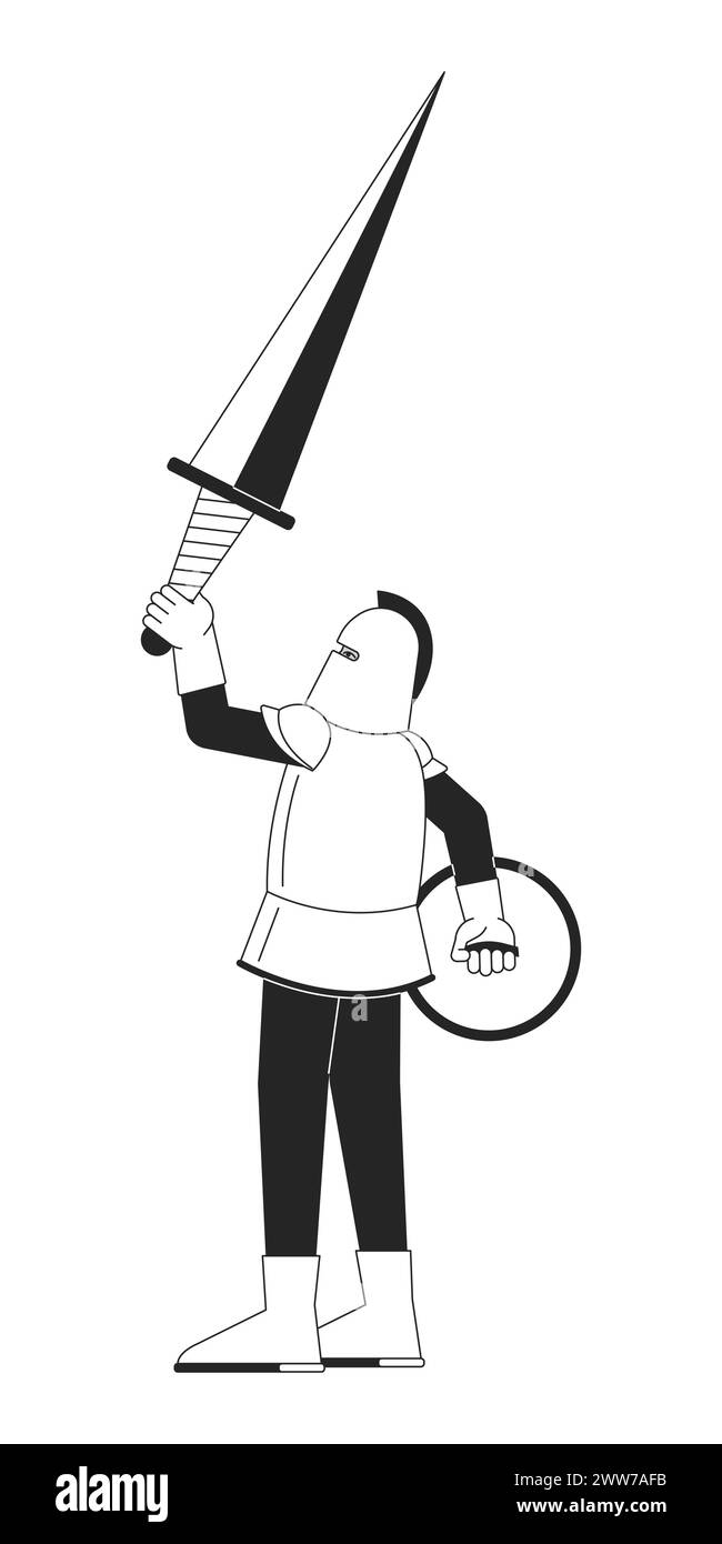 Armored knight raising up sword black and white 2D line cartoon ...