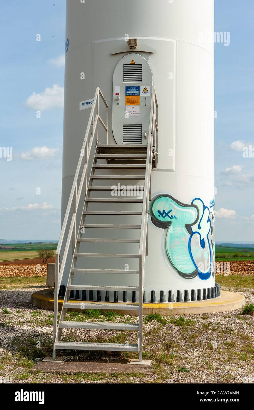 Wind farm, on the D85 road towards Ouanne, wind turbine stopped to ...