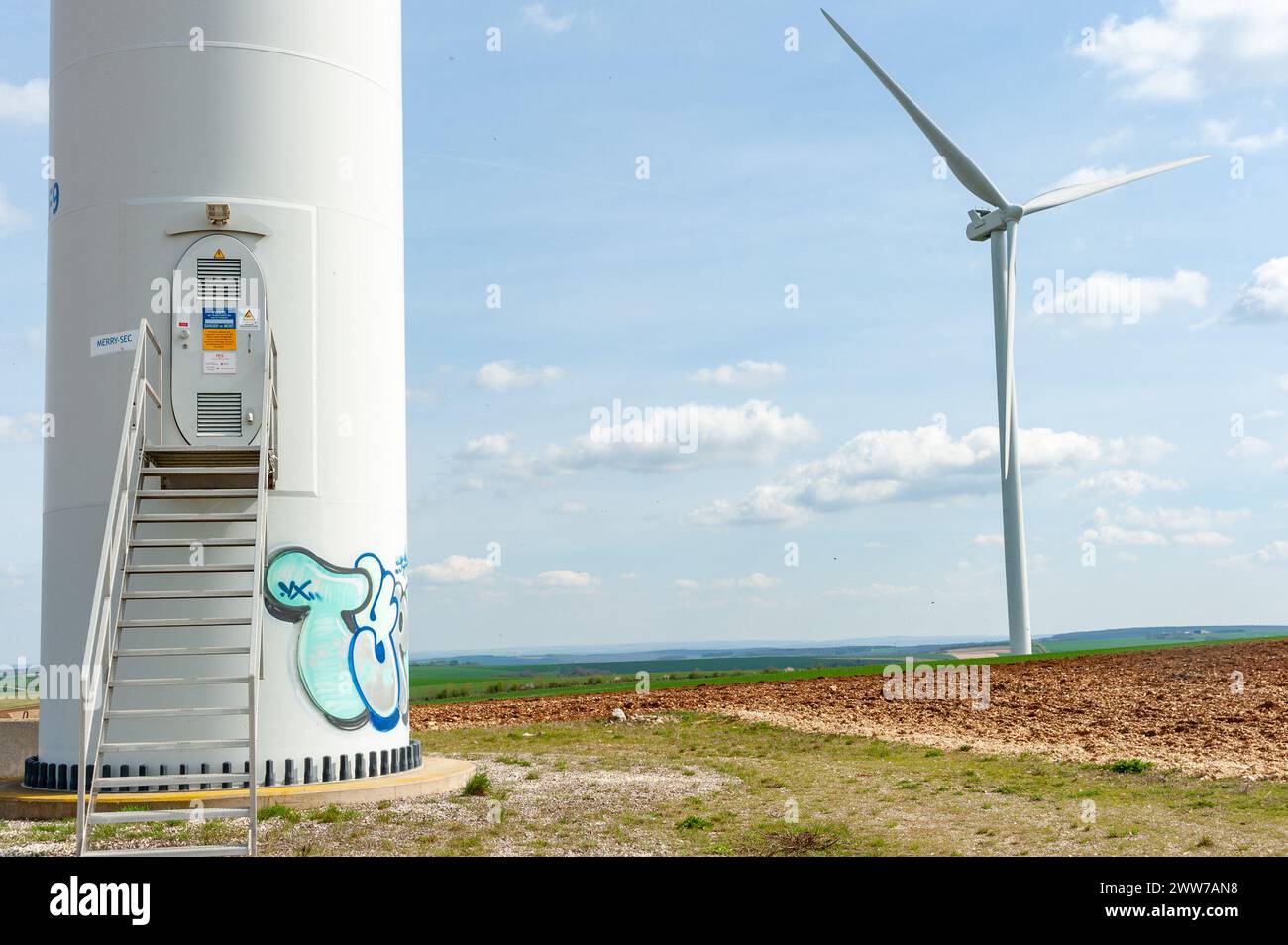 Wind farm, on the D85 road towards Ouanne, wind turbine stopped to ...