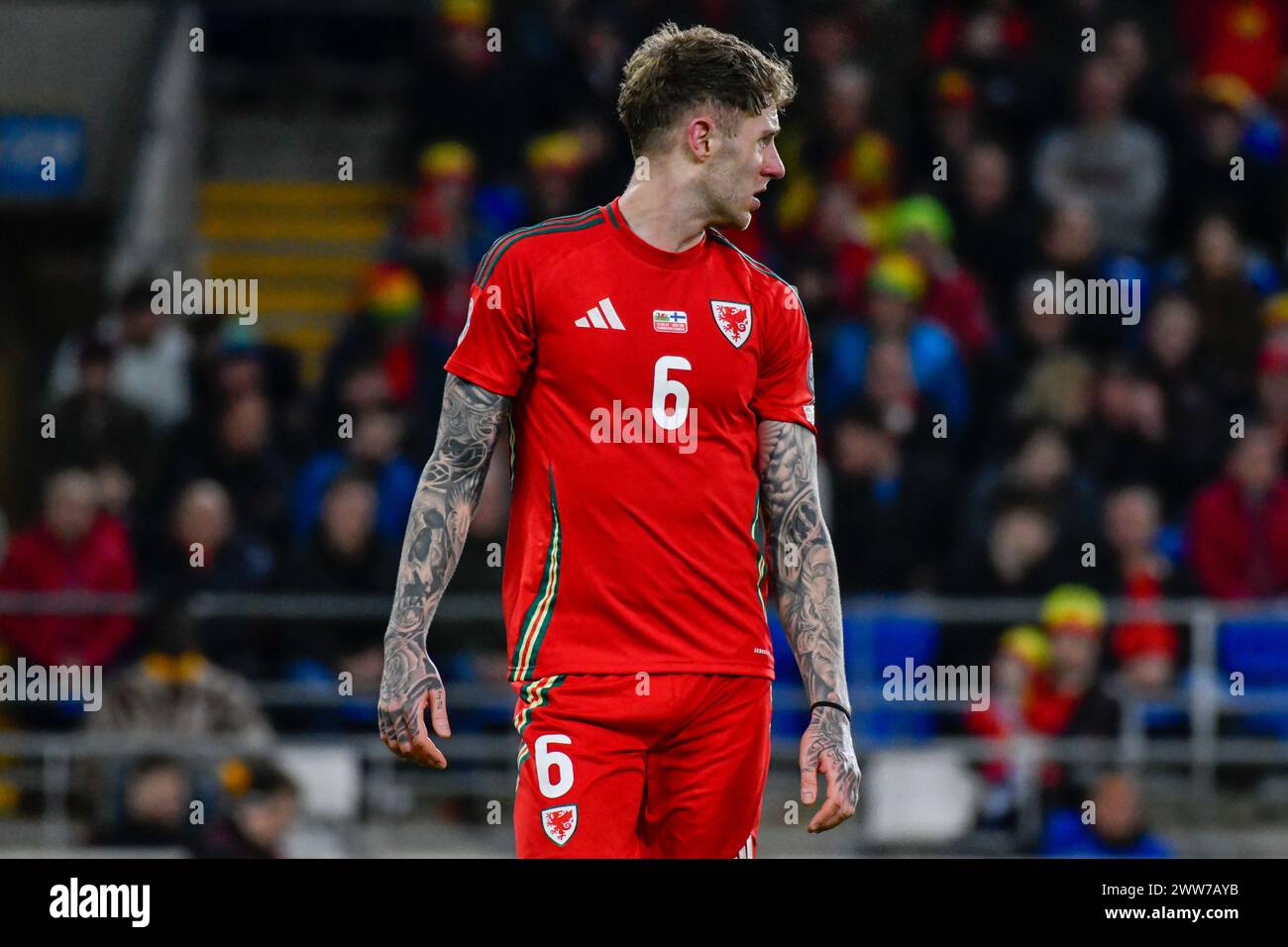 Cardiff, Wales. 21 March 2024. Joe Rodon of Wales during the UEFA EURO ...