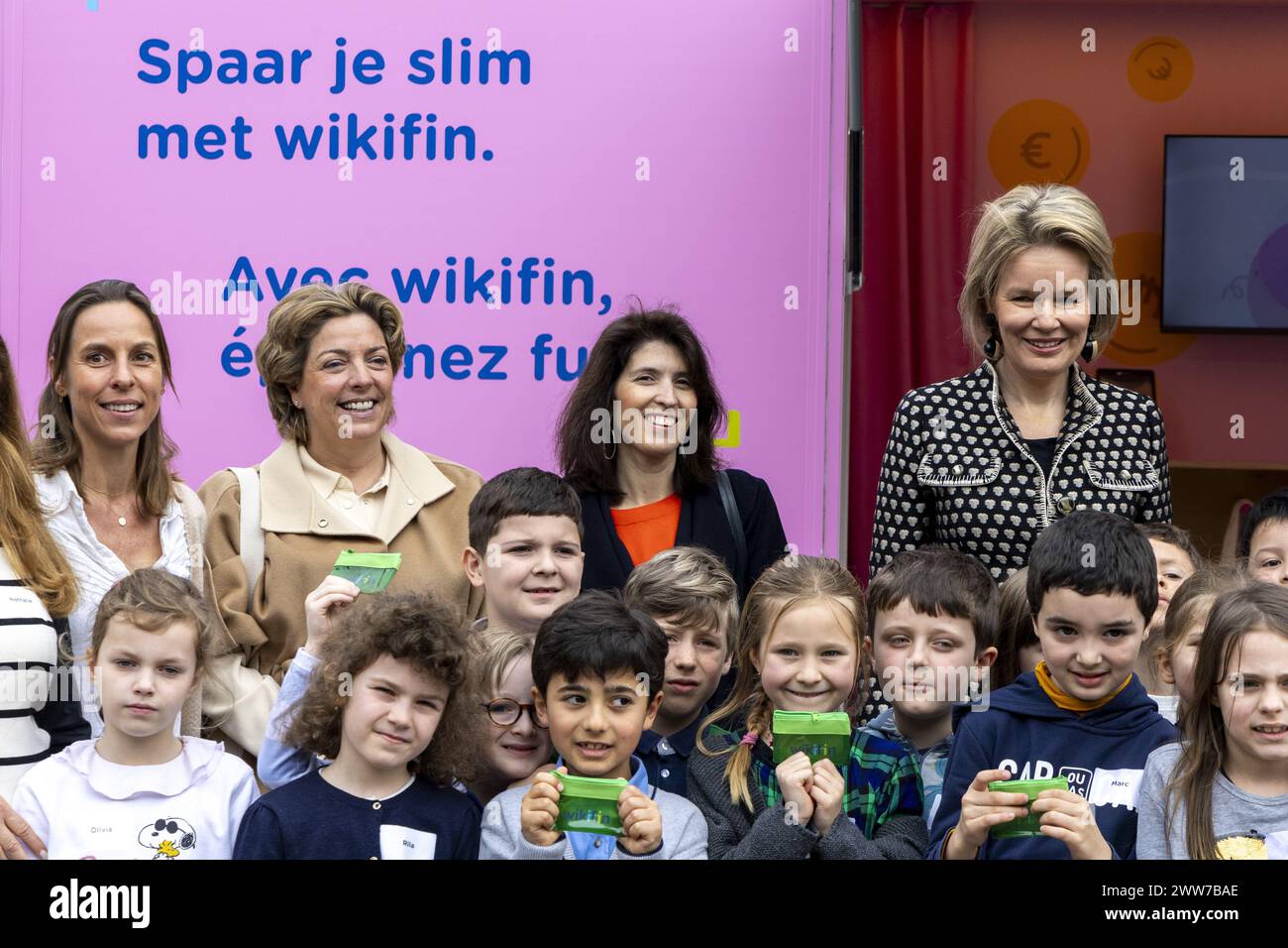 State Secretary for Budget Alexia Bertrand (C) and Queen Mathilde of Belgium pictured during a ...