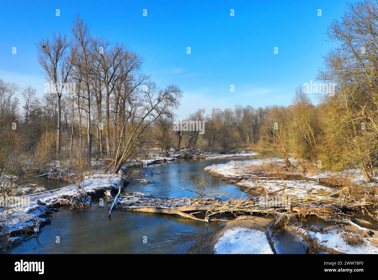 River delta floodplain winter snow meander drone aerial inland video ...