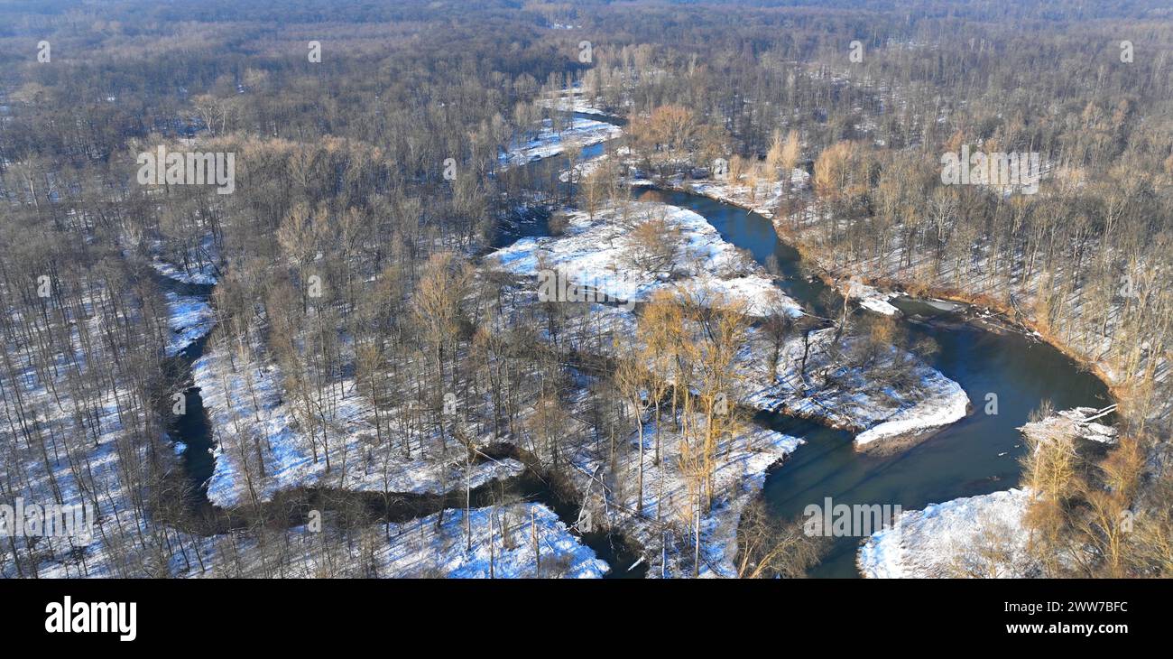 River delta floodplain winter snow meander drone aerial inland video ...