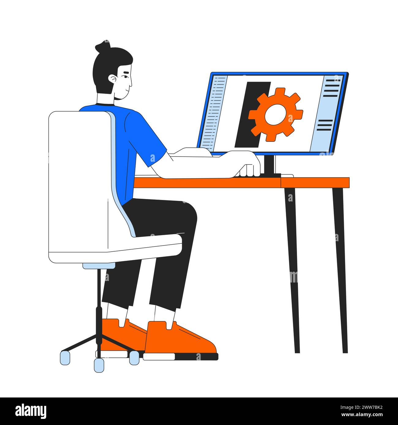 Mechanical technician sitting at computer 2D linear cartoon character ...