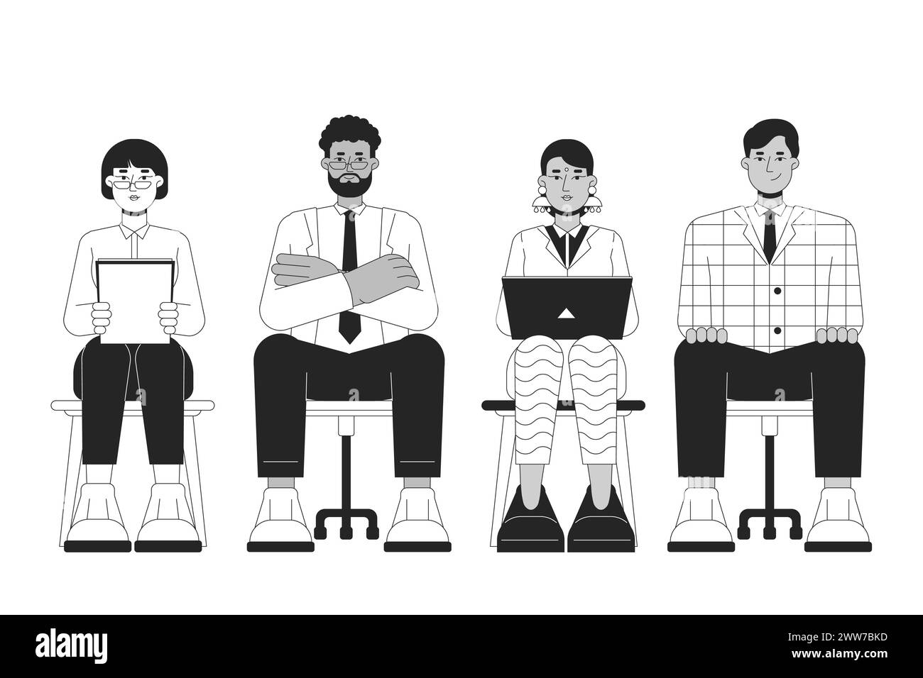 Diverse candidates job seeking black and white cartoon flat ...