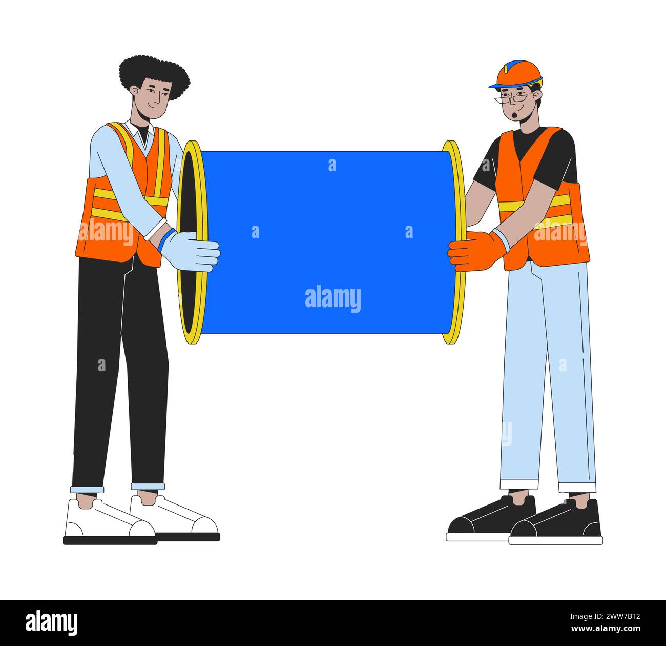 Pipeline contractors carrying metal pipe 2D linear cartoon characters ...