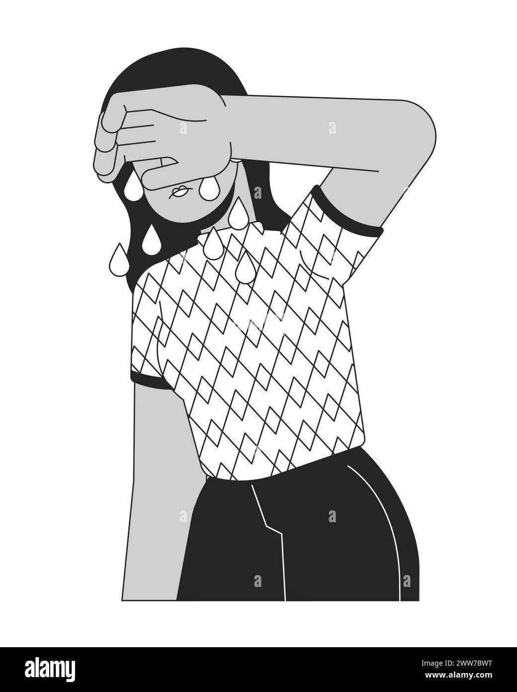 Tears crying woman indian black and white 2D line cartoon character ...