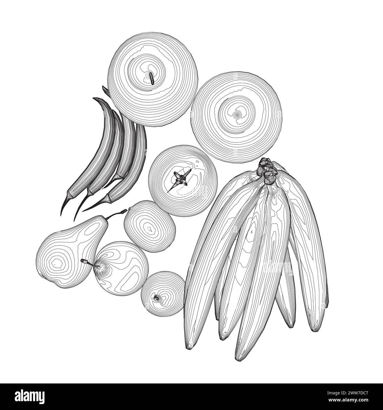 Fruit outline: bananas, apples, pears, peppers, tomato made of black ...