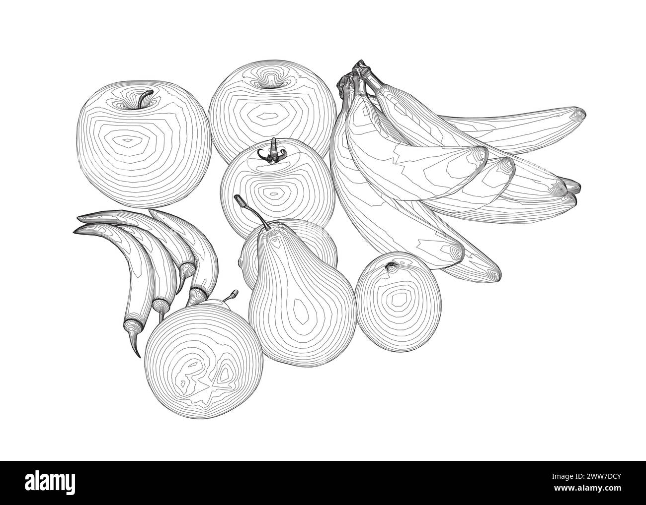 Fruit outline: bananas, apples, pears, peppers, tomato made of black ...