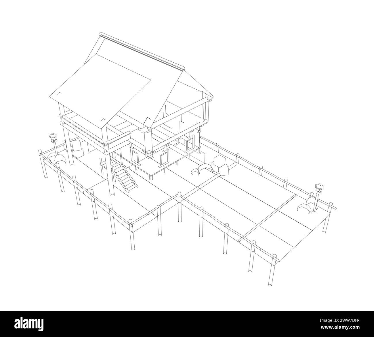 Vector illustration, summer house by the sea. 3D suburban house model ...