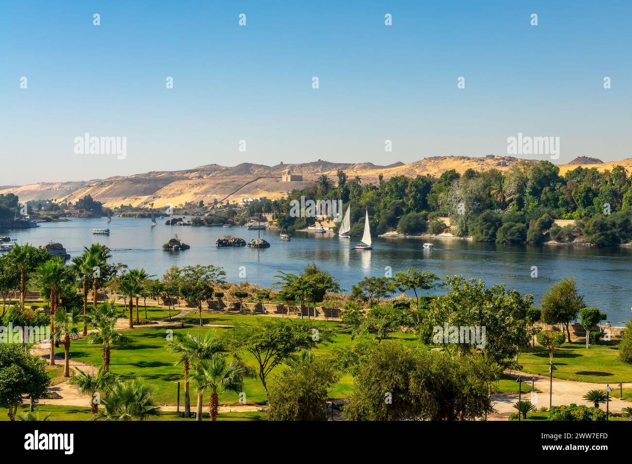 Aerial panoramic view of the Nile river with Feluccas (traditional ...