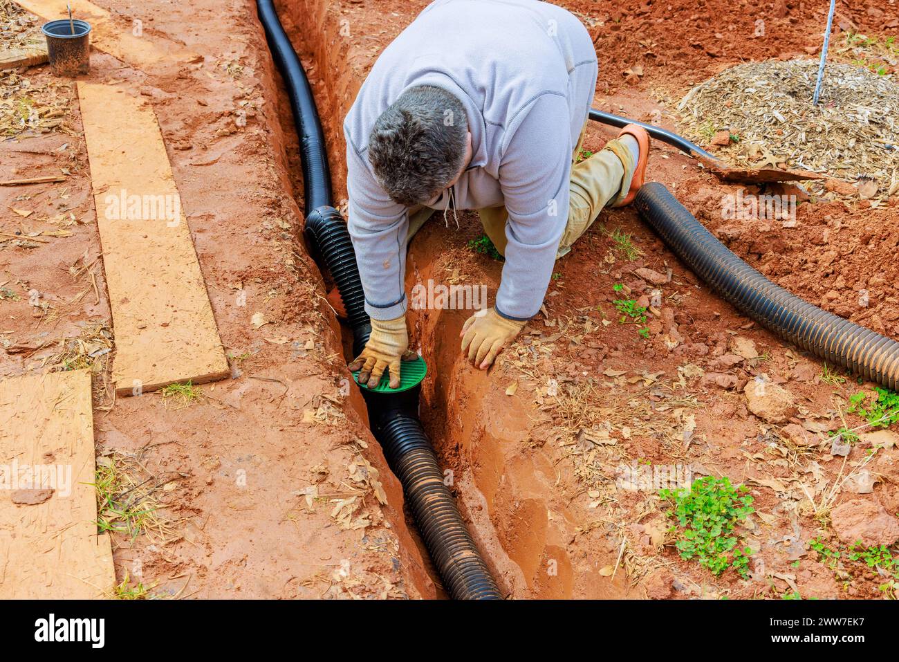 Laying underground drainage pipes for outflow of rainwater stormwater ...