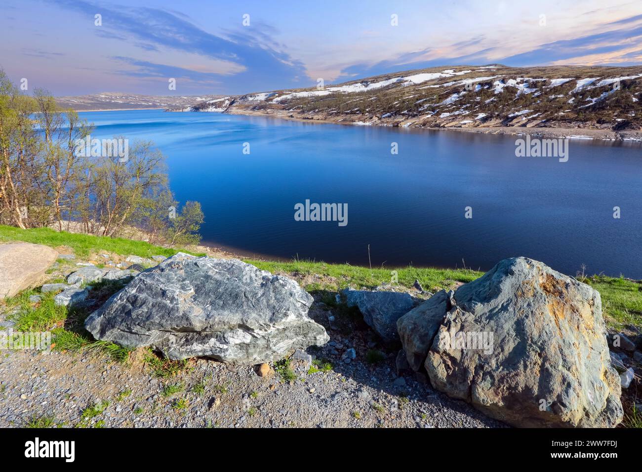 Aerial view of the lake Innerdalsvatnet in the spring, Rennebu municipality, Norway Stock Photo ...