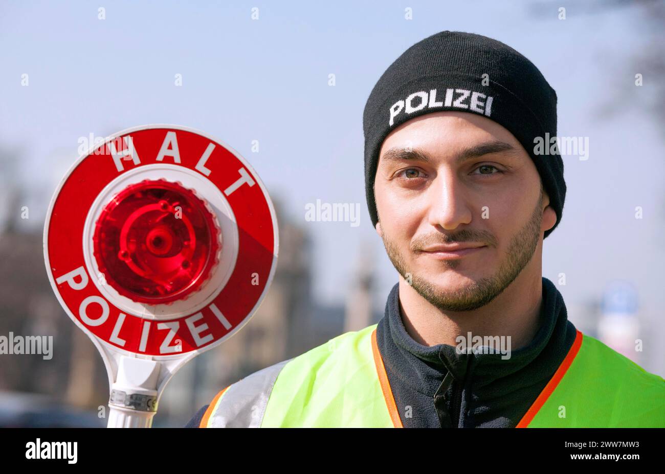 Berlin police officer with a police trowel during a traffic stop, 20/03 ...