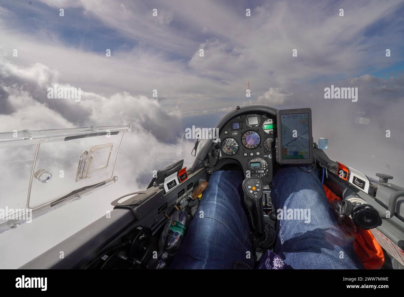 Aerial photo, above the clouds, gliding, glider, cockpit, instruments ...
