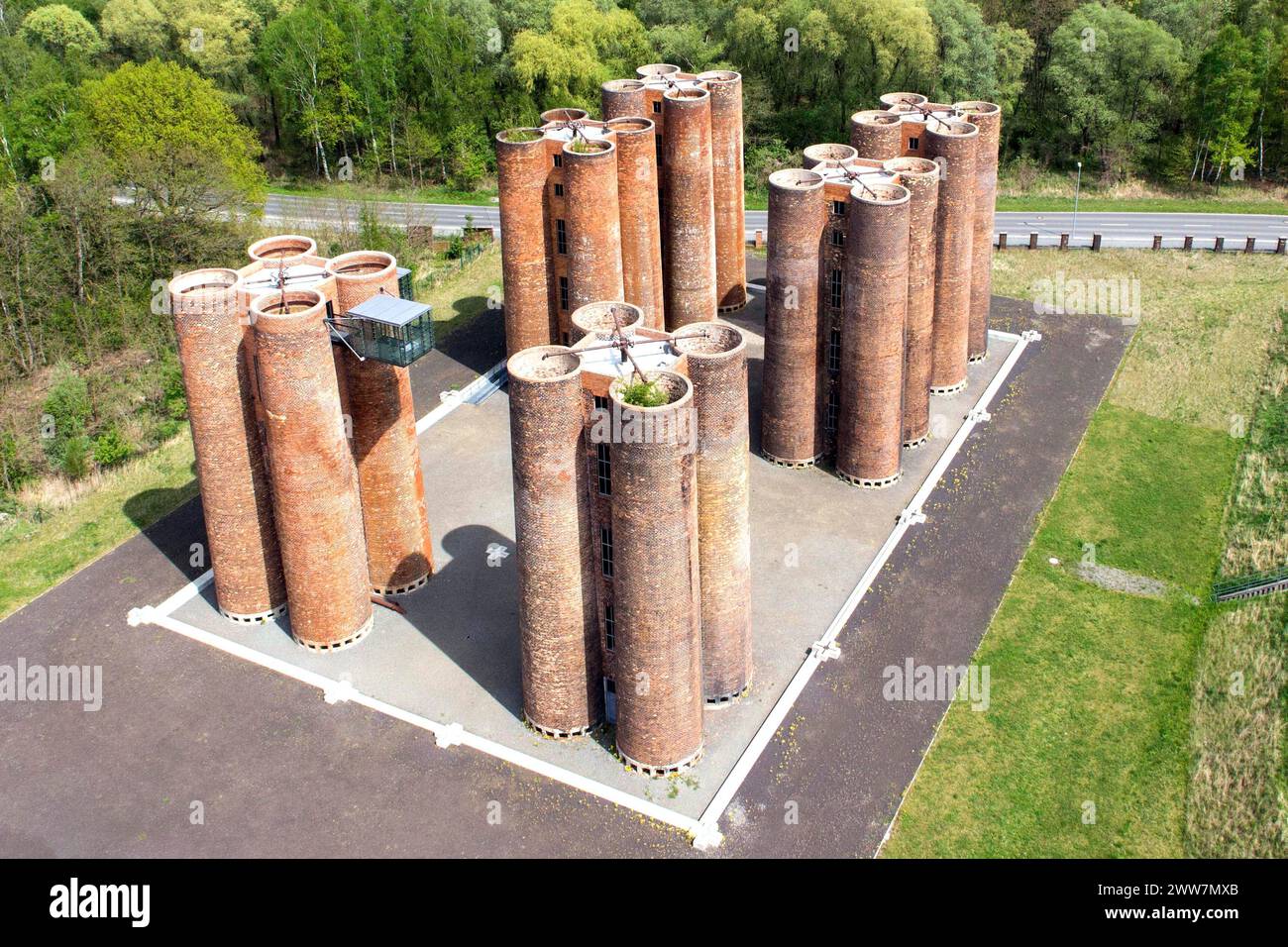 An aerial photo shows 24 brick towers rising 22 metres into the sky ...