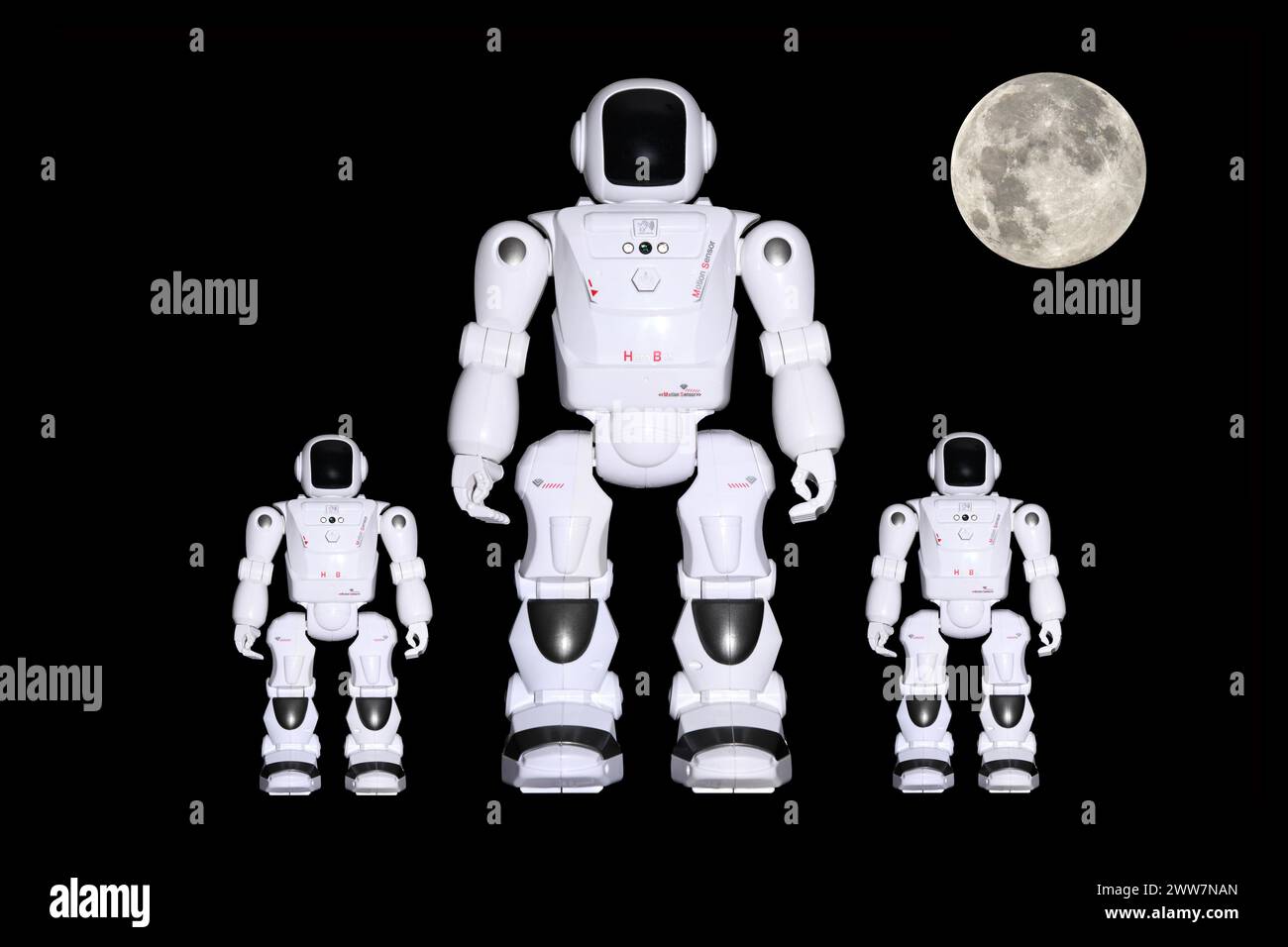 Three robots, artificial intelligence, modern technology, machine ...
