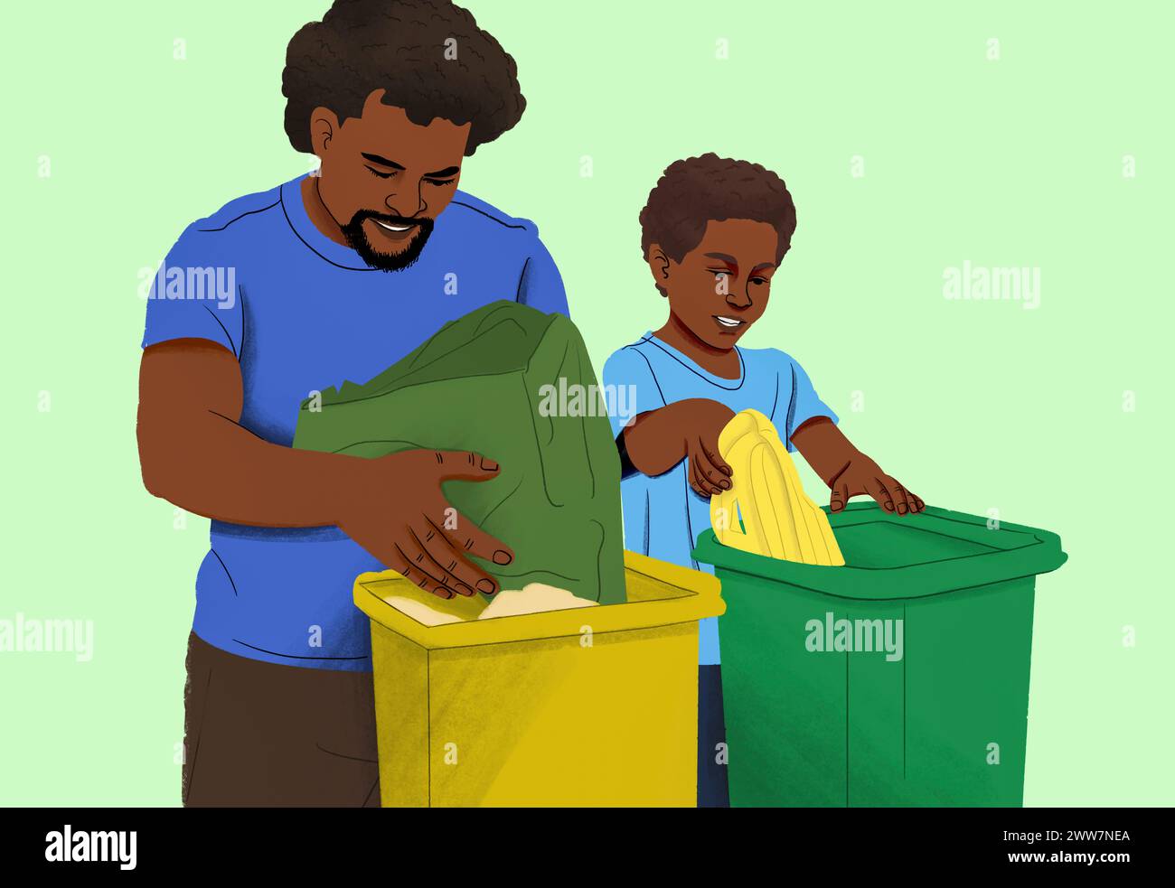 Eco-friendly father and son composting vegetable scraps in green bins ...