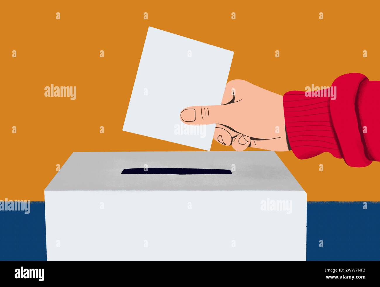 Close up hand of voter placing ballot in ballot box on election day ...