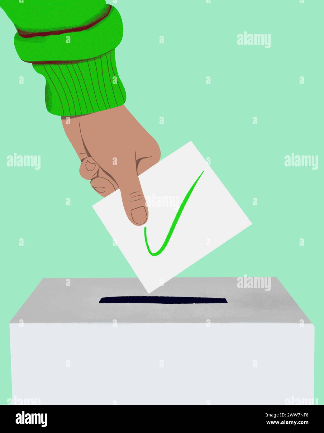 Close up hand of voter placing ballot with green check mark in ballot ...