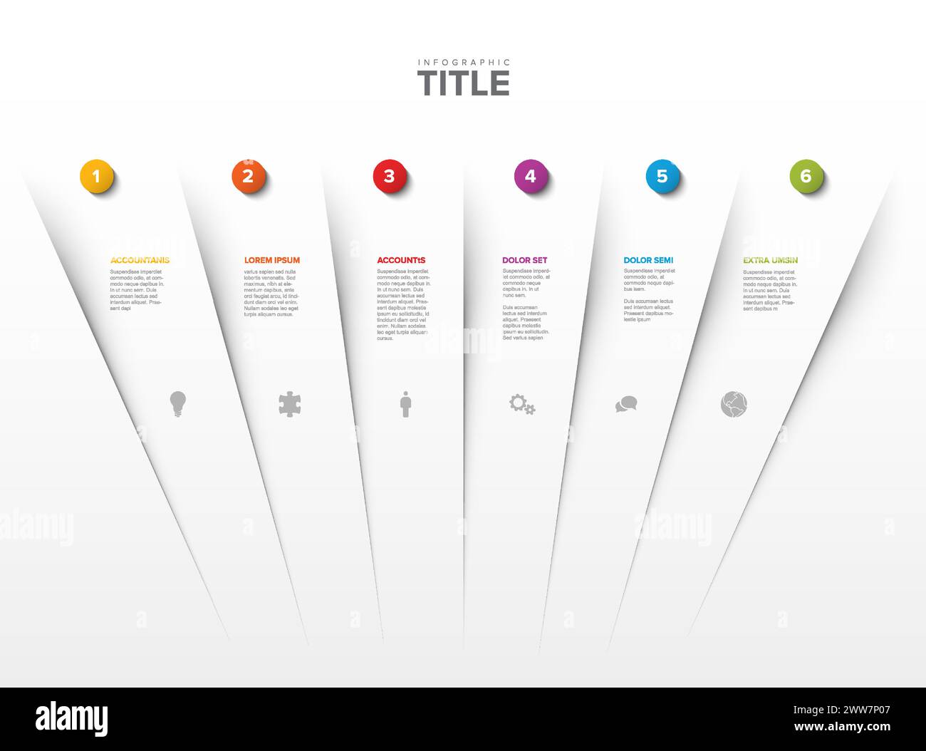 Abstract schema template with six step sections on white background ...