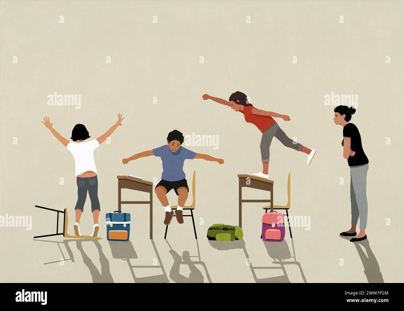 Angry school teacher watching unruly, hyper schoolchildren jumping on ...