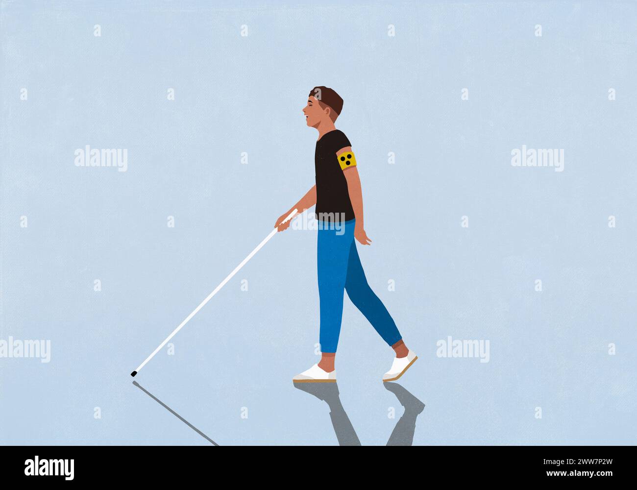 Blind man walking with walking cane on blue background Stock Photo - Alamy