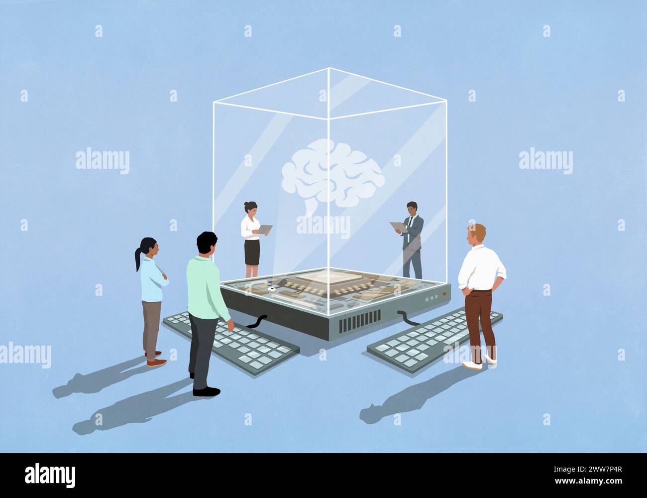 Business people and engineers studying artificial intelligence brain ...