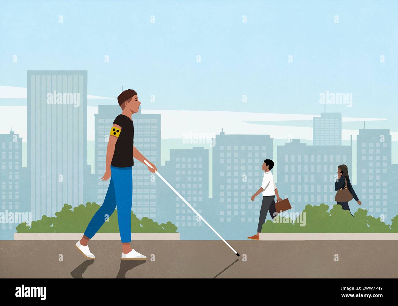 Blind man walking with walking cane in sunny city Stock Photo - Alamy