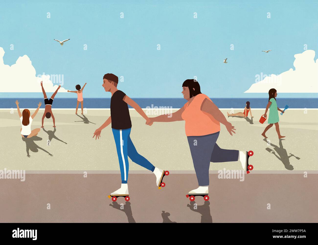 Couple holding hands and roller skating on sunny summer ocean beach ...