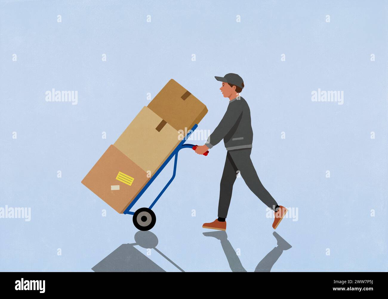 Delivery man pushing hand truck with cardboard boxes, delivering ...