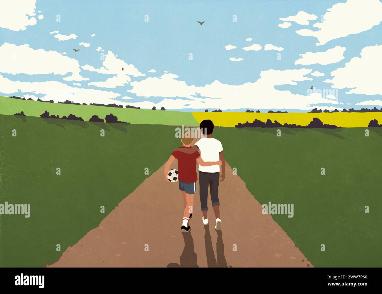 Affectionate boy friends with soccer ball hugging and walking in ...