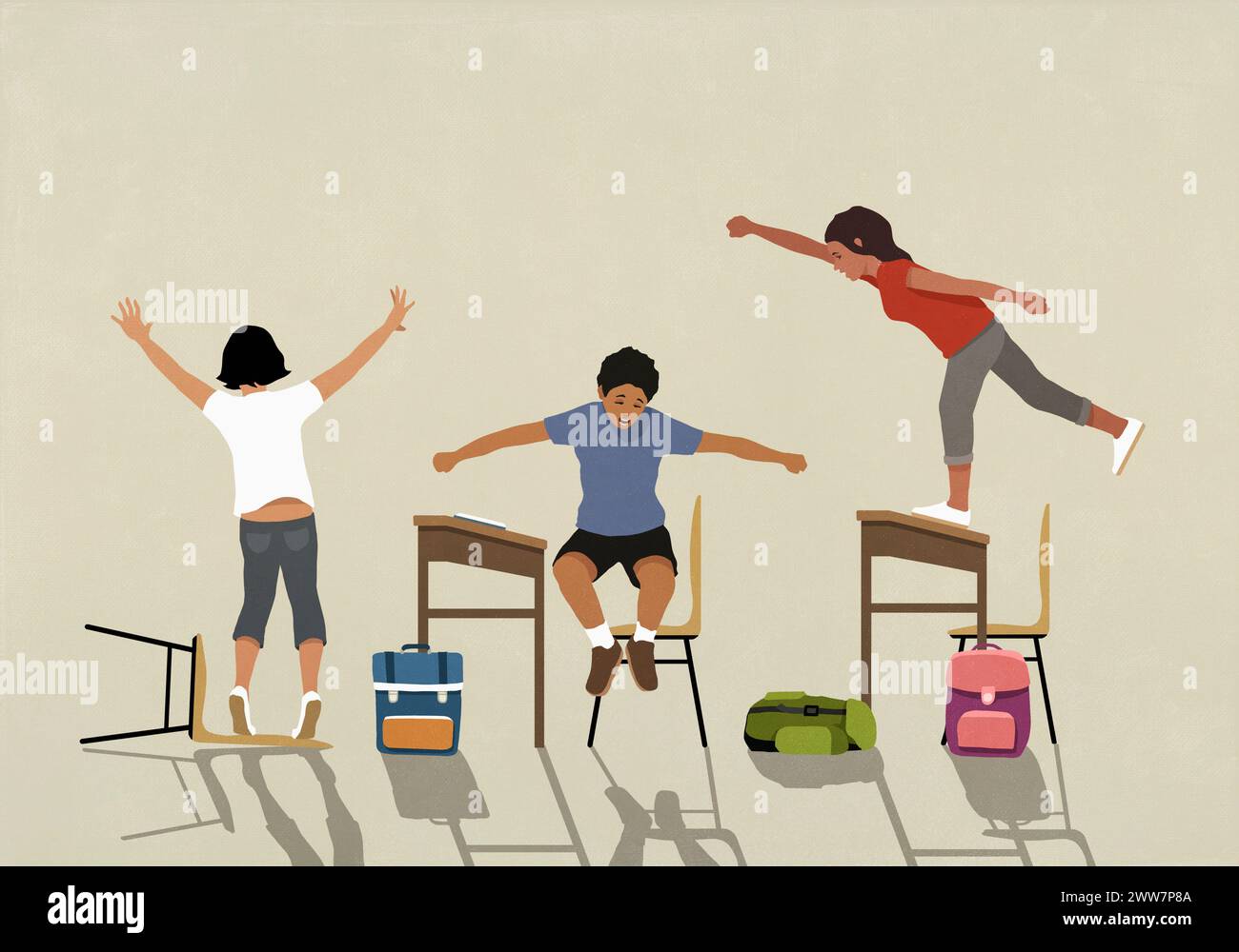 Hyper schoolchildren playing, jumping on desks in classroom Stock Photo ...