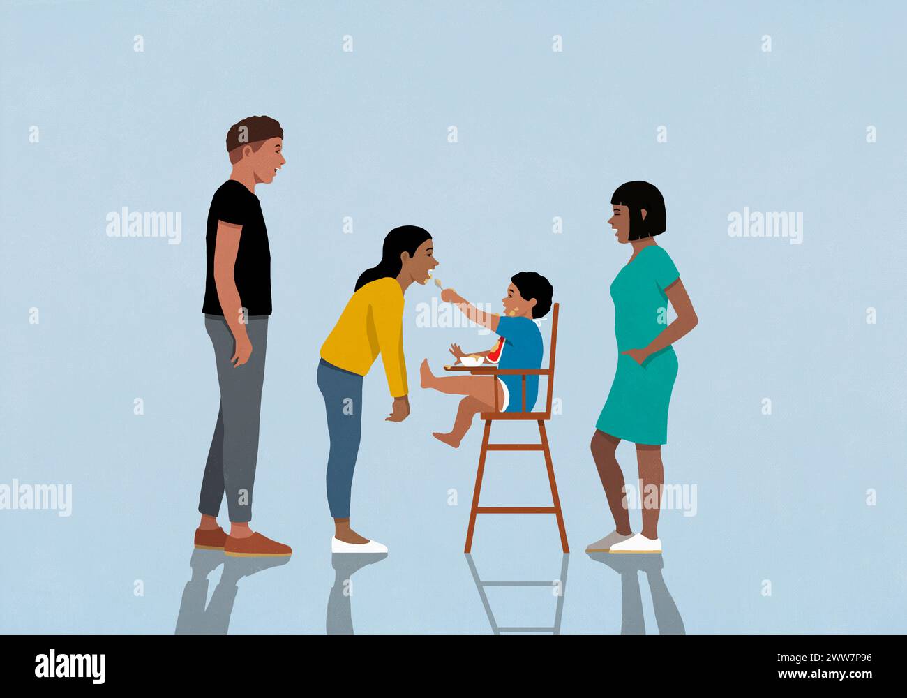 Parents watching baby son in high chair feeding sister Stock Photo - Alamy