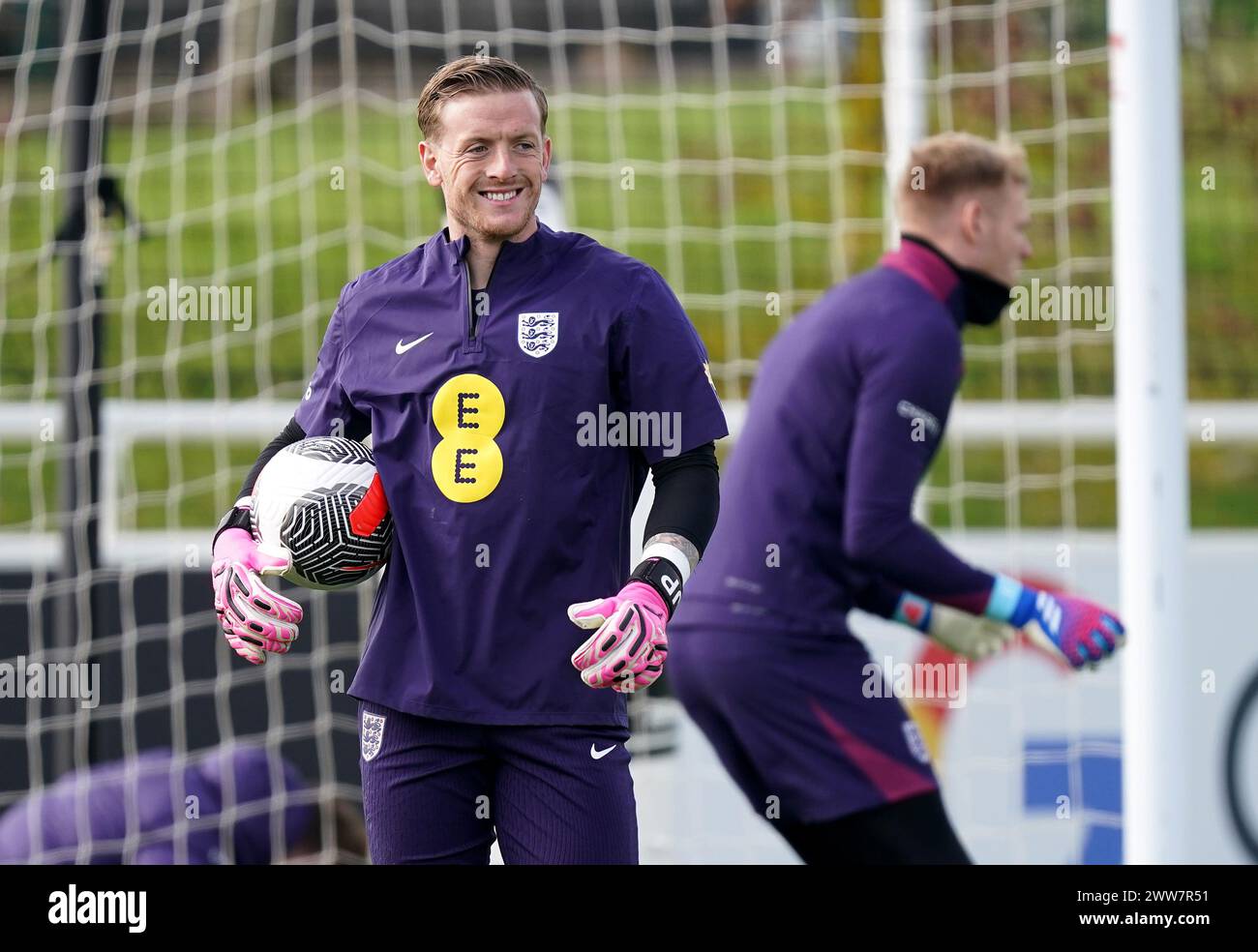 England goalkeeper Jordan Pickford during a training session at St ...