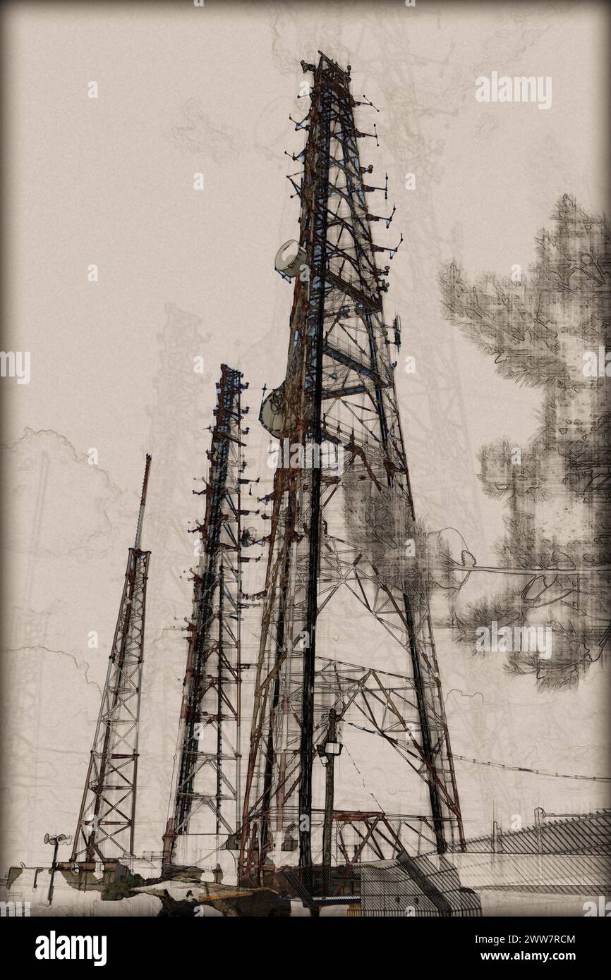 Digitally enhanced sketch image of Communication masts Stock Photo - Alamy