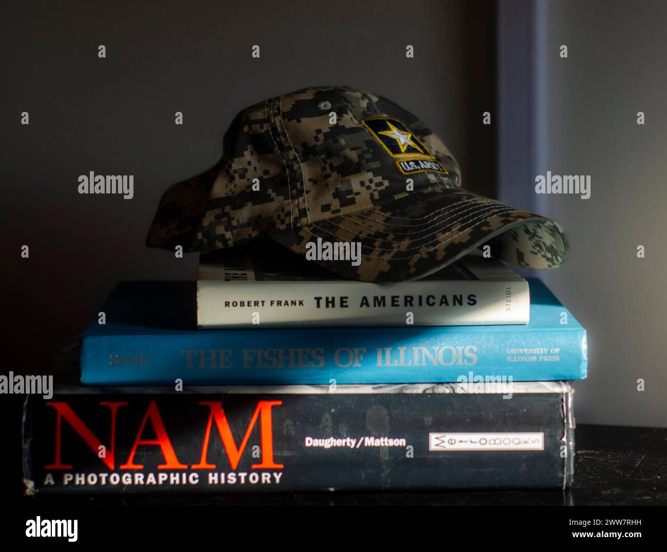 Cammo Army hat atop a stack of books Stock Photo - Alamy