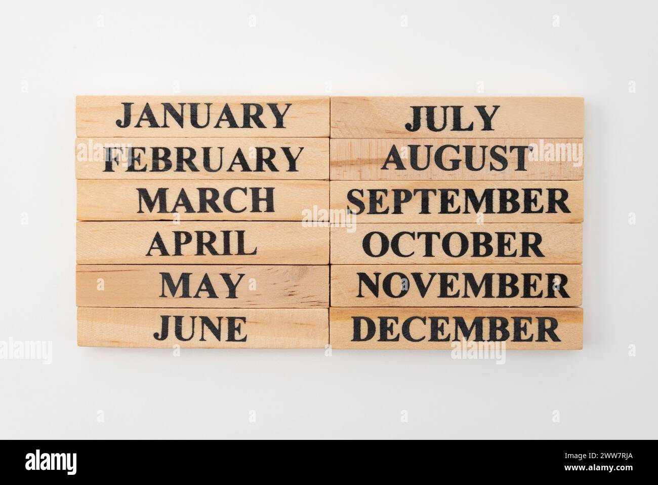 The months of the year written on twelve rectangular pieces of wood ...