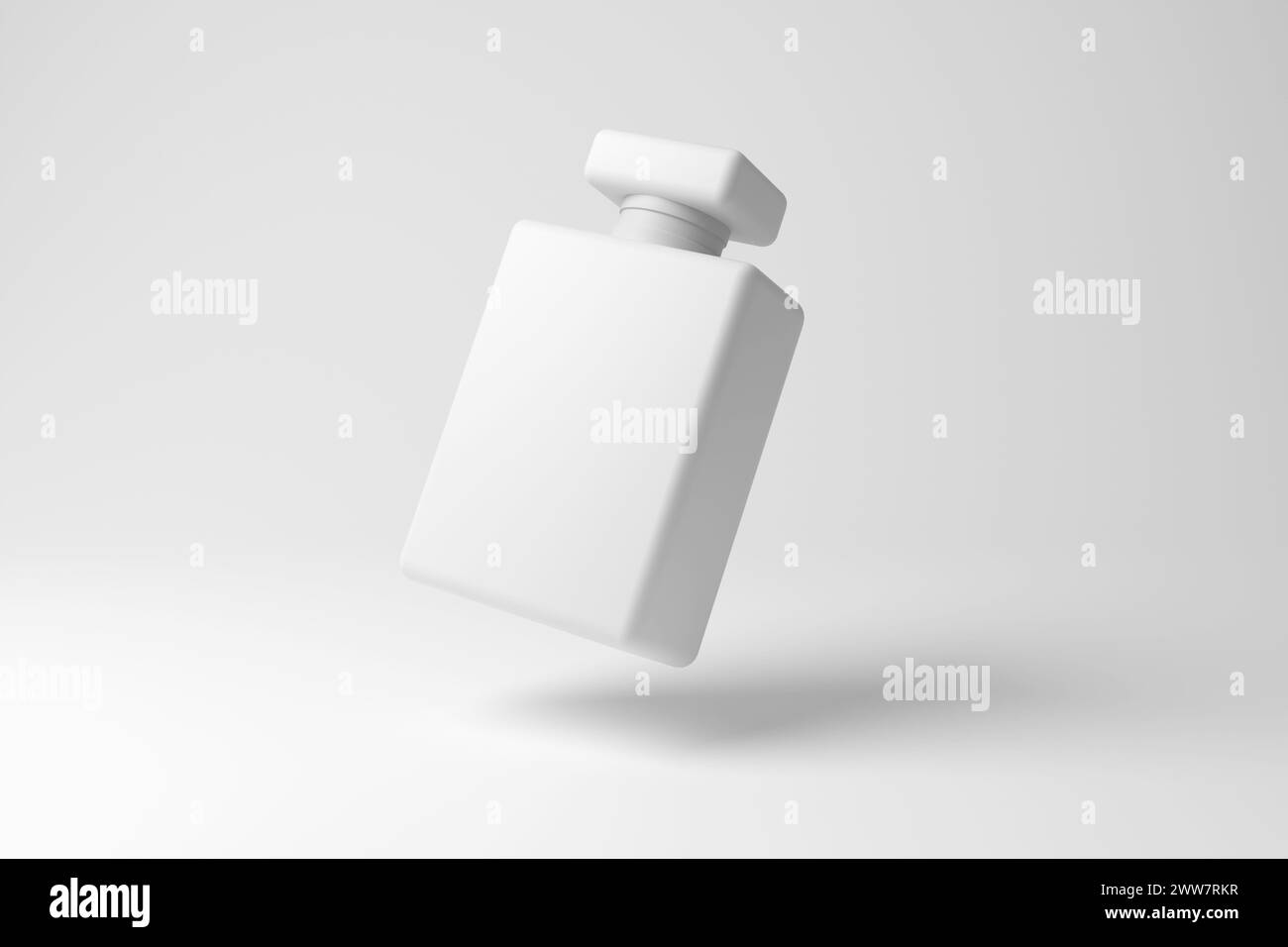 White perfume bottle floating in mid air on white background in ...